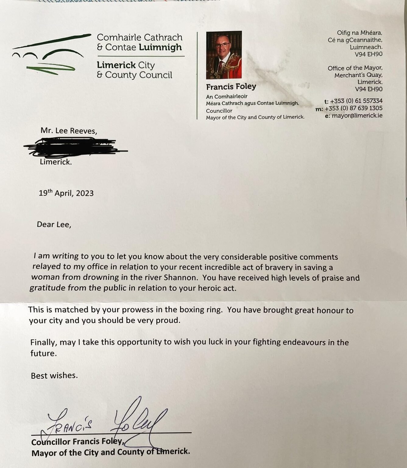 Limerick Major Recognizes Lee Reeves Life Saving Heroics - Irish Boxing