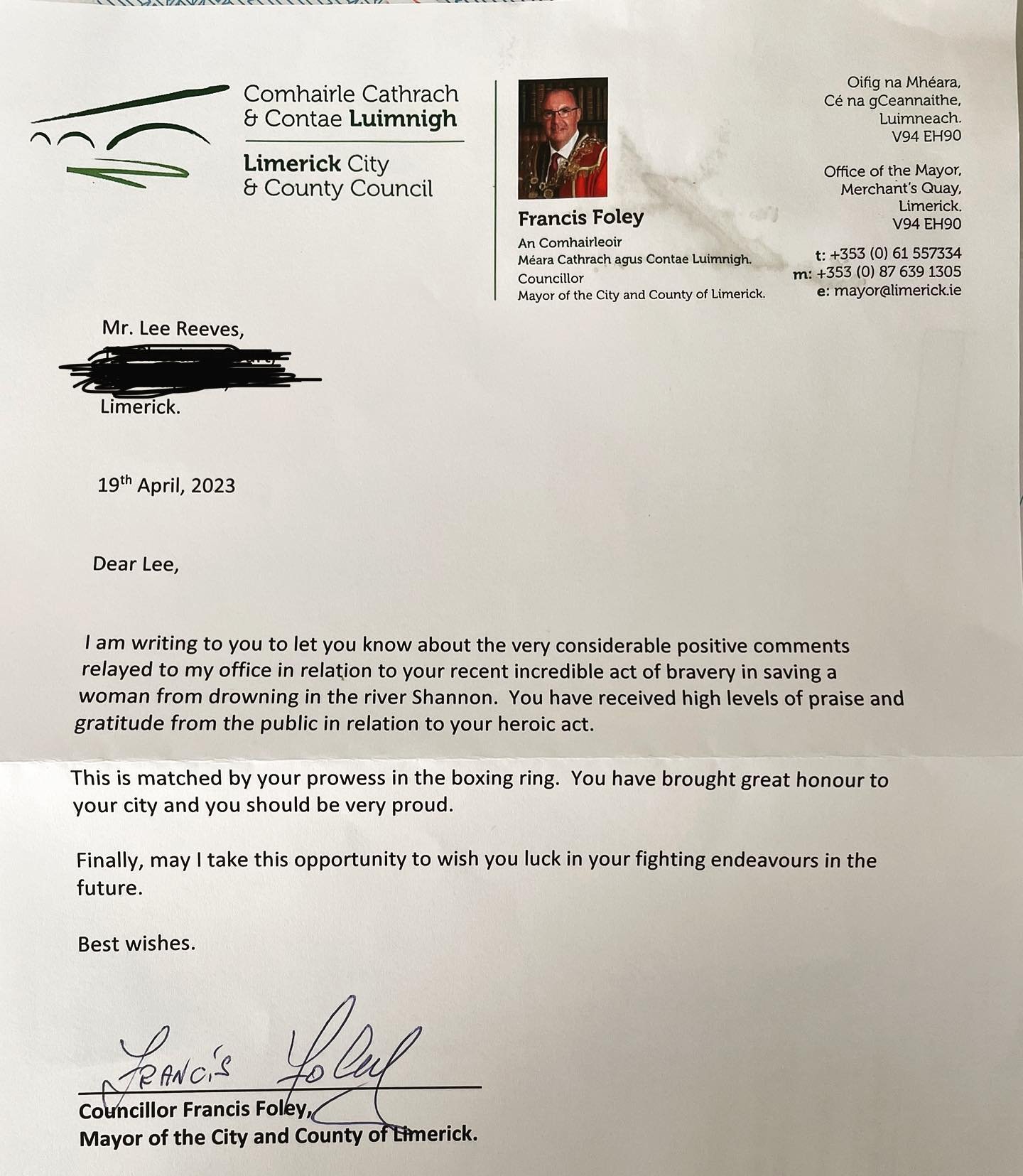 Limerick Major Recognizes Lee Reeves Life Saving Heroics - Irish Boxing